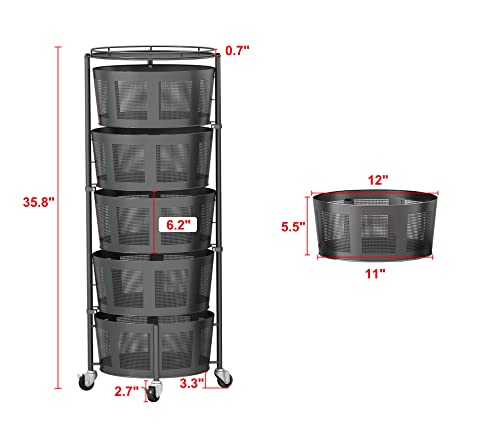 5 Tier Round Rotating Storage Rack for Kitchen, Storage Baskets for Shelves, Floor-Standing Multi-Layer Storage Self, Household Fruit and Vegetable Storage Basket Rack for Kitchen Living Room