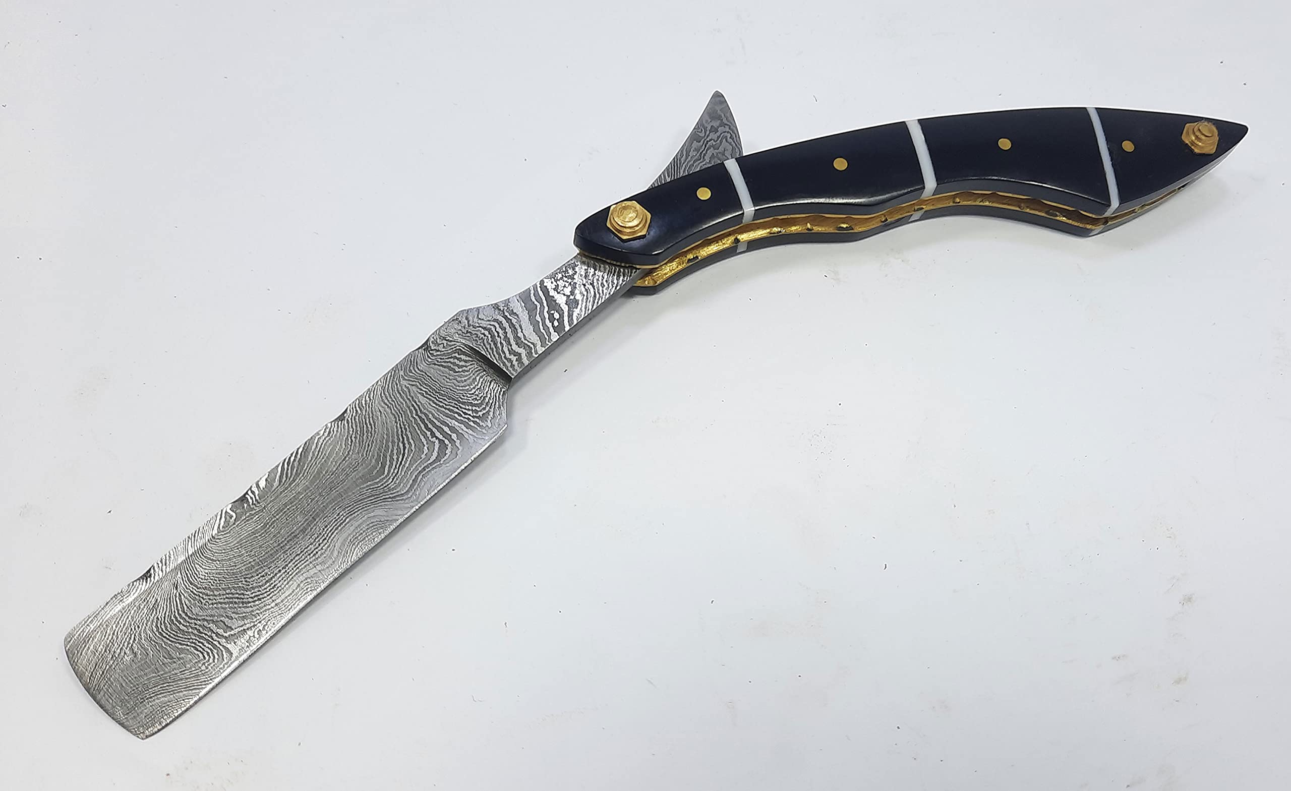 Qureshi Knifes Damascus Steel Straight Razor fixed Blade Camel Bone with Leather Sheath Belt Loop. STR-24001