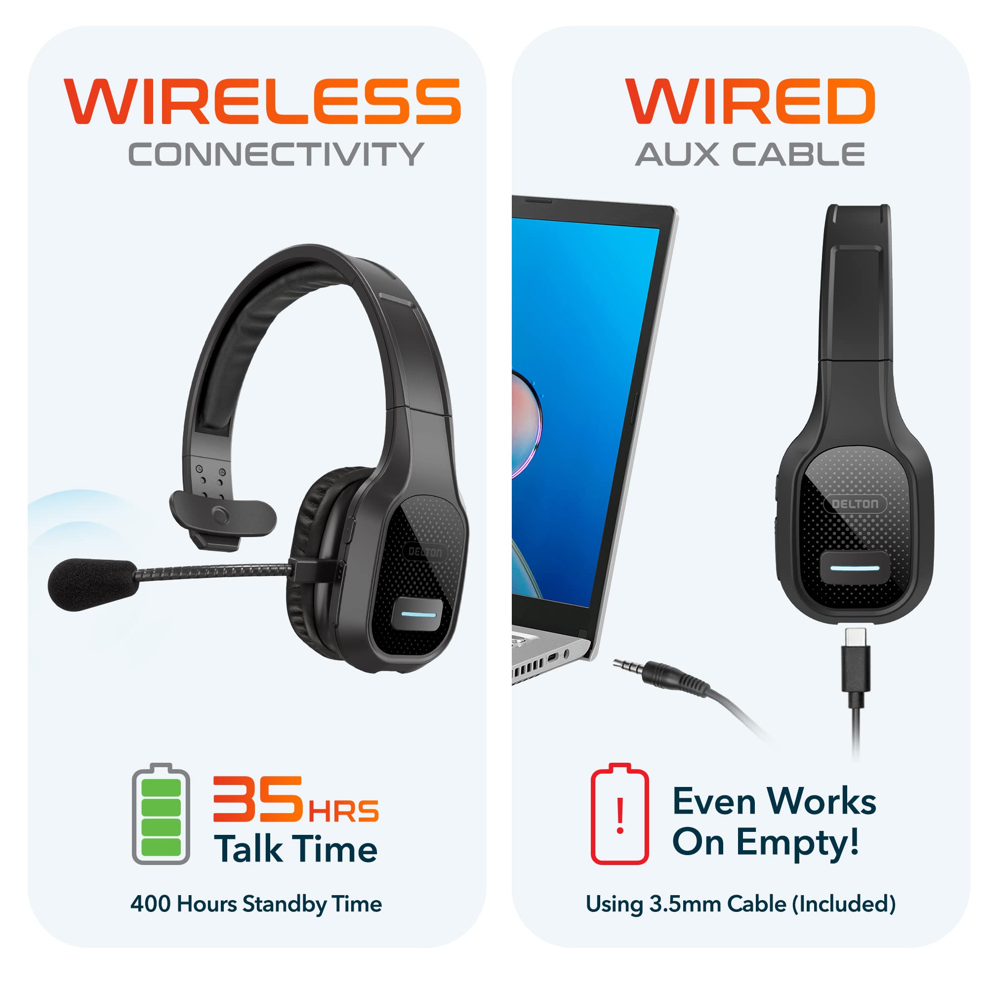 Delton Wireless Computer Headset, Trucker Bluetooth Headset with Noise Canceling Microphone, 35Hrs Talk time, Wireless Headset for Computer, Cell Phone, Drivers, Office, Call Center Work - Black