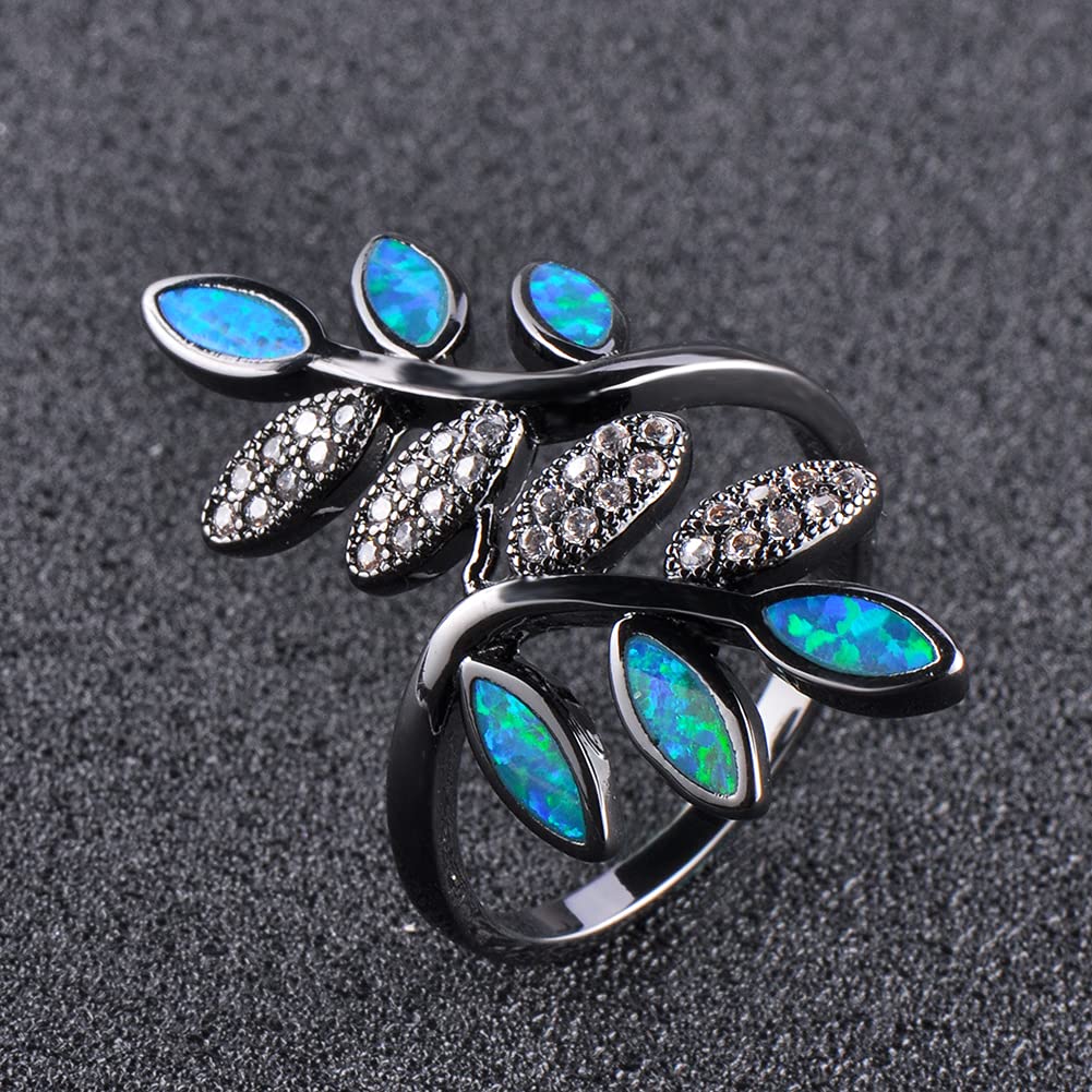 14K Black Gold Leaf Ring, Created Opal Ring Mounted with Cubic Zirconia, 925 Sterling Silver Statement Ring for Women Teen Girls, Size 6 7 8 9 10 (White Opal, 7)