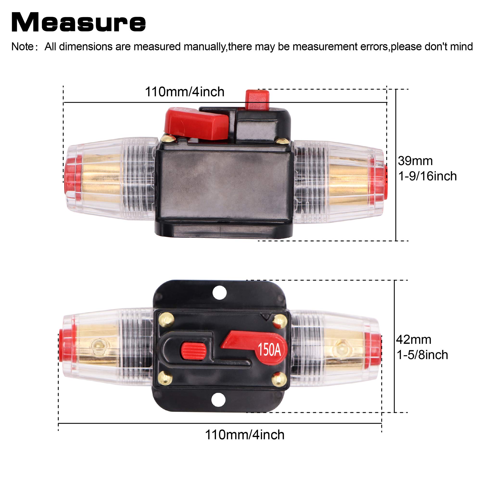150A Audio Inline Circuit Breaker Reset Fuse Holder 12V-24V DC with Manual Reset and installation Screws for Car Audio, Stereo Switch and Solar Inverter System