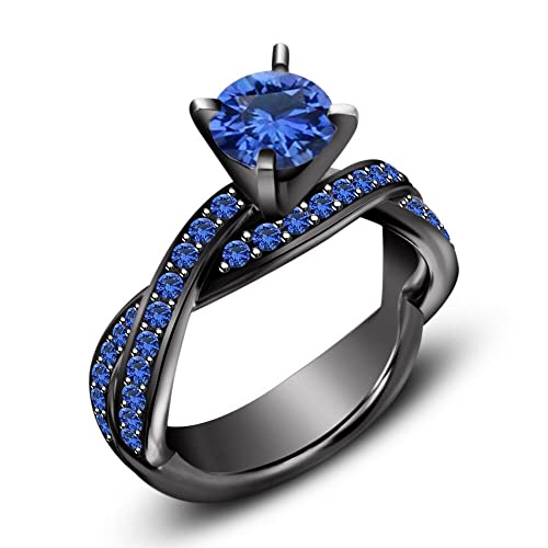 14K Black Gold Plated 2.20Ct Round Cut Blue Sapphire For Women's Halo Enagement Wedding Ring 925 Sterling Silver (11.5)