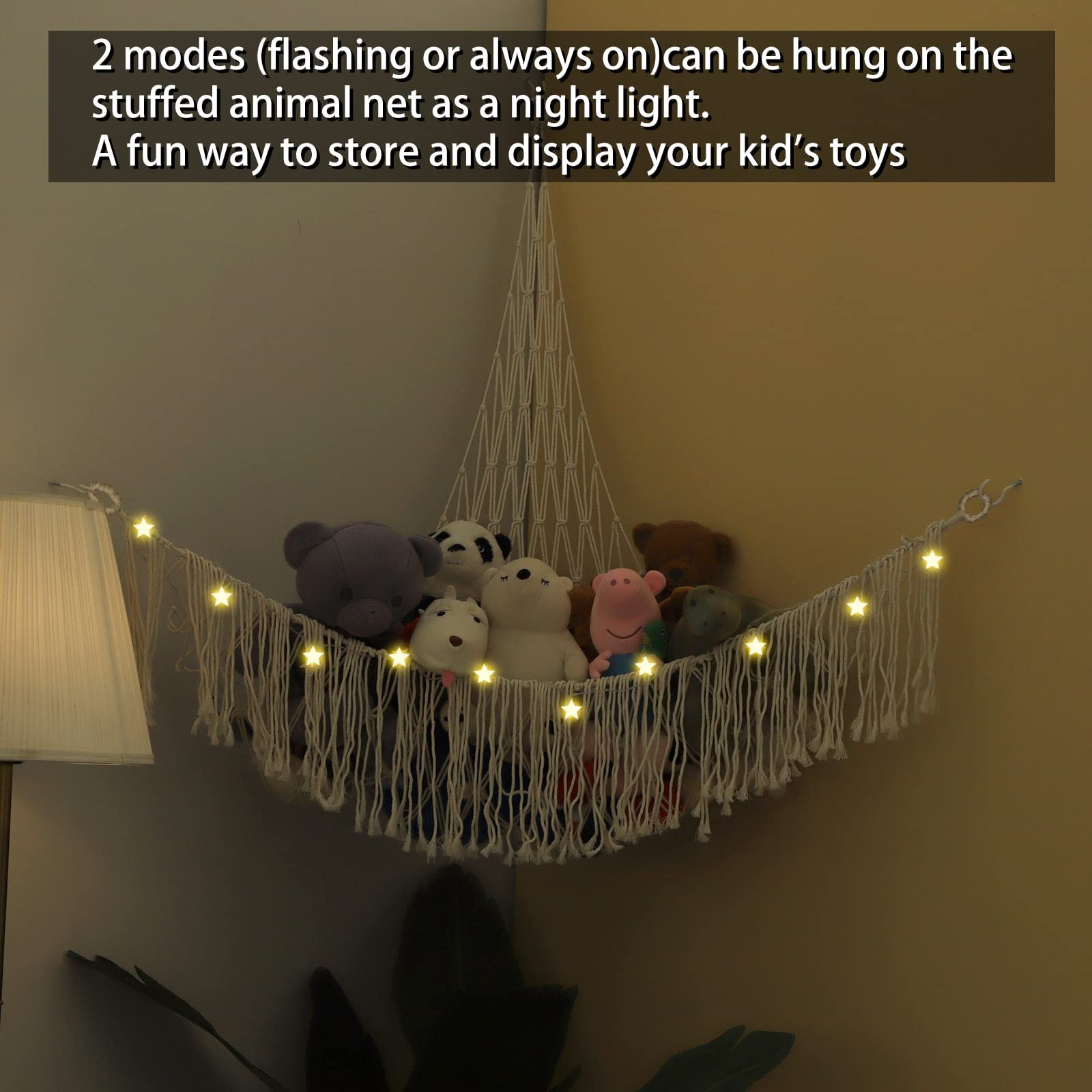 63" x 63" x 51.2" Boho Stuffed Animal Toy Hammock Macrame Large Corner Mesh Toy Storage Hanging Wall Toys Organizer with Light for Bedroom Decor