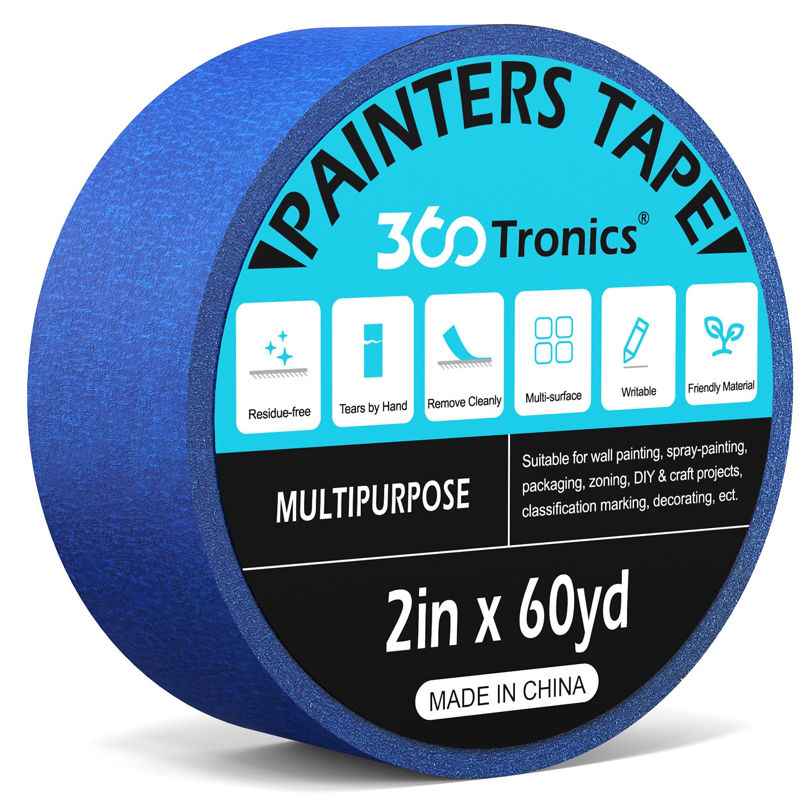 360Tronics Blue Painters Tape Multi-Surface 2 Inch x 60 Yards, Professional Painters Choice Masking Tape, Residue Free Paint Tape Rolls for Protects Surfaces, Spray Paint, 1-Pack