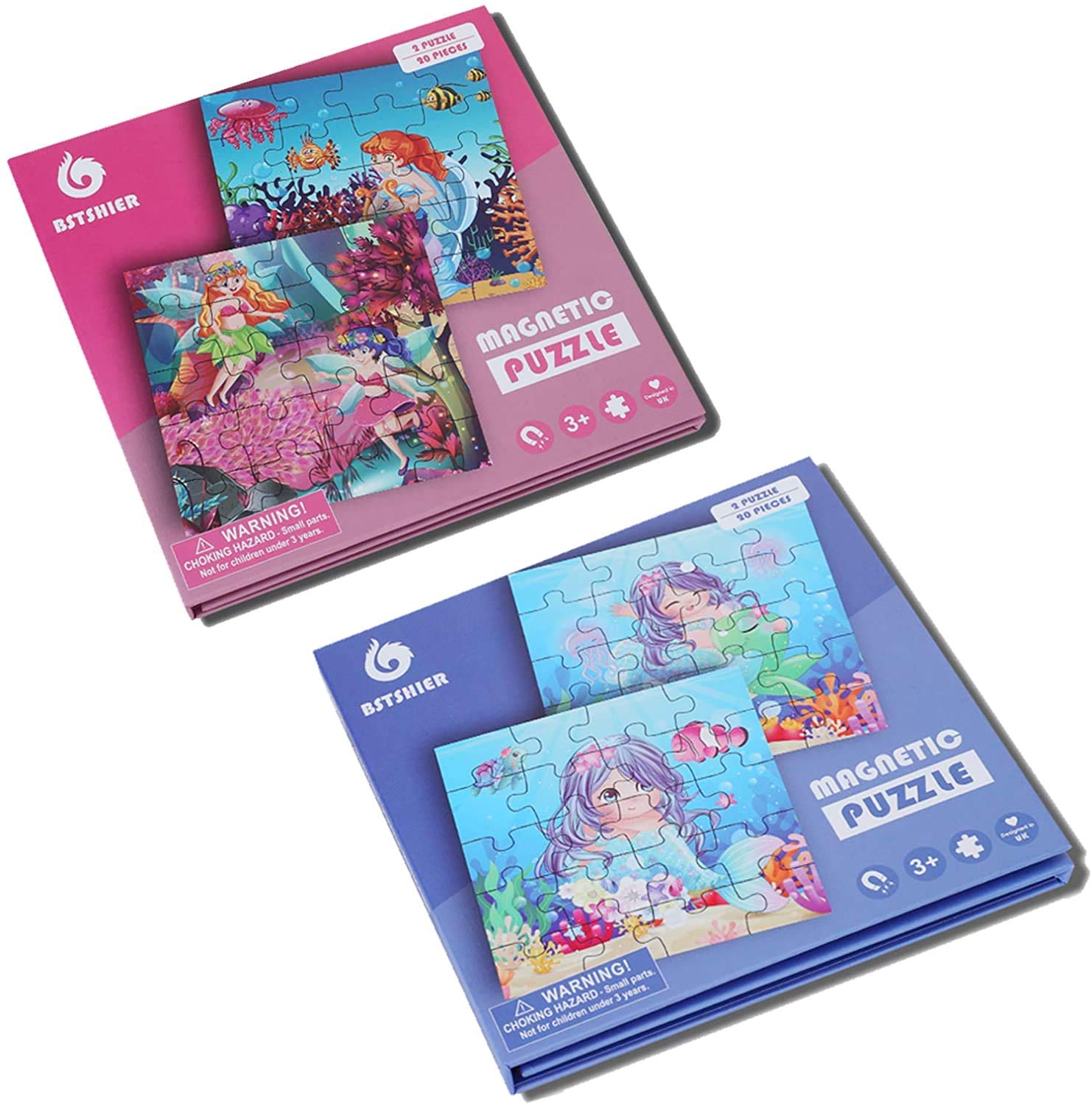 2 Set BST SHIER Magnetic Puzzles for Kids Ages 3 4 5 6, TWO-20 Piece Mermaid Animal Wooden Jigsaw Puzzles Book for Toddlers, Preschool Educational Toys for 3 4 5 6 Year olds Boys and Girls…