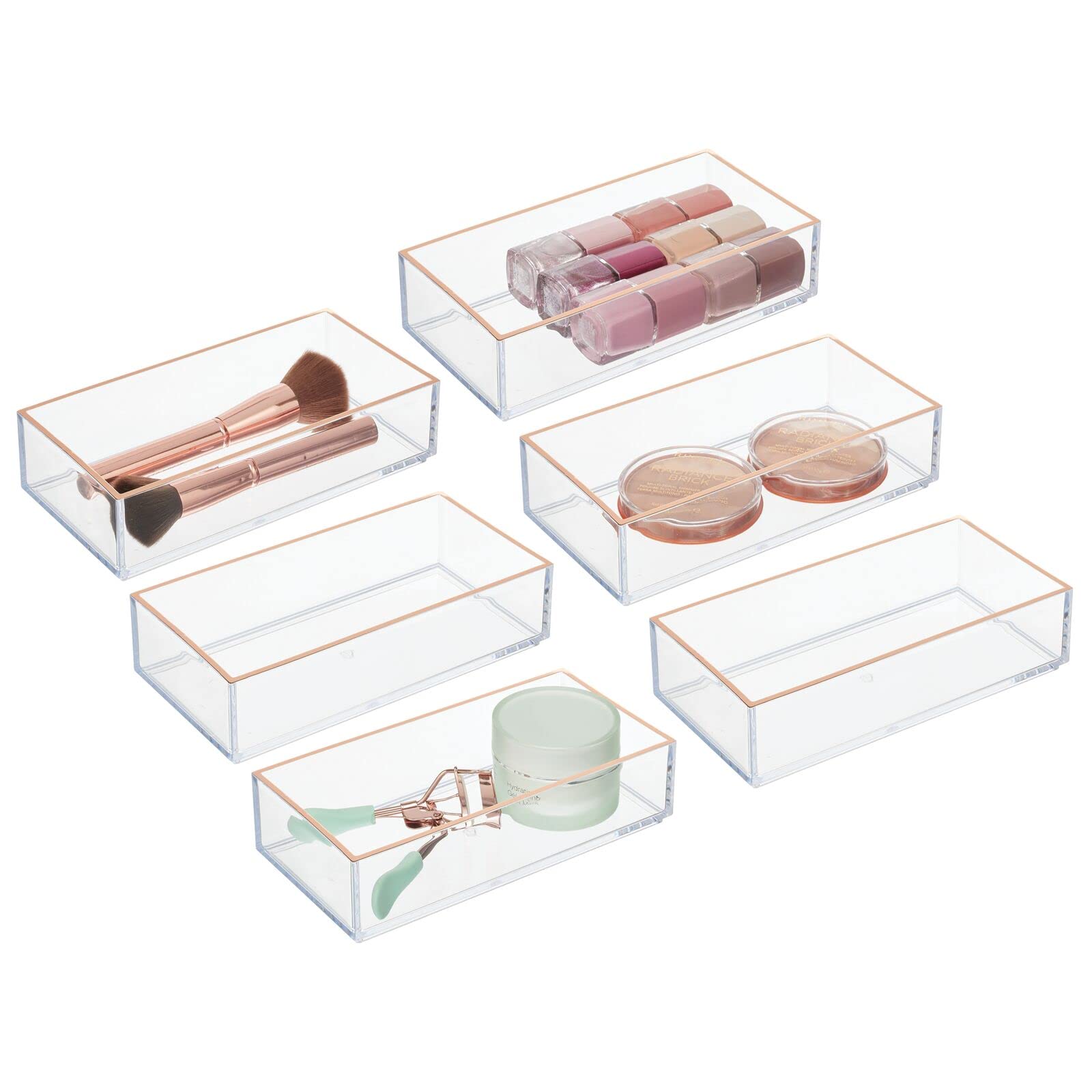 mDesign Plastic Beauty Organizer Bin for Bathroom Drawers, Vanity, or Countertops, Storage for Makeup Brushes, Palettes, Blush, Concealers, or Hair Ties, Lumiere Collection, 6 Pack, Clear/Rose Gold