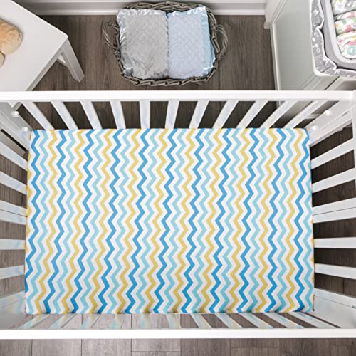 2 Pack n Play Mattress Sheets β 100% Jersey Knit Cotton Soft Portable Crib Mattress Sheets for Boys with Blue, Gray, Yellow Cars and Chevron Design; 2 Pc Playpen Mattress or Mini Crib Sheet Fitted Set