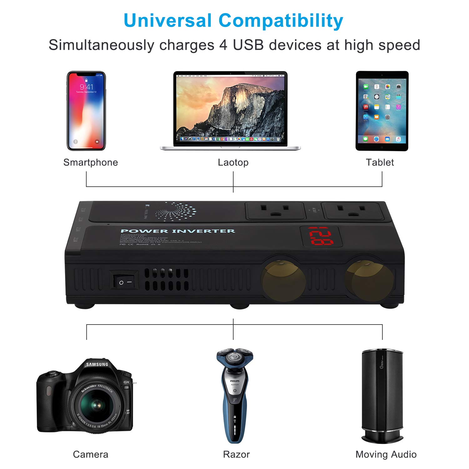 150W Car Power Inverter DC AC Converter 12V to 110V with Four 2.1A Quick Charging USB Charger Adapter, Two 12V Car Cigarette Lighter and Two 115V Outlets