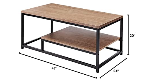 Coral Flower Metal Frame Coffee Table with Large Shelve Space, Light oak