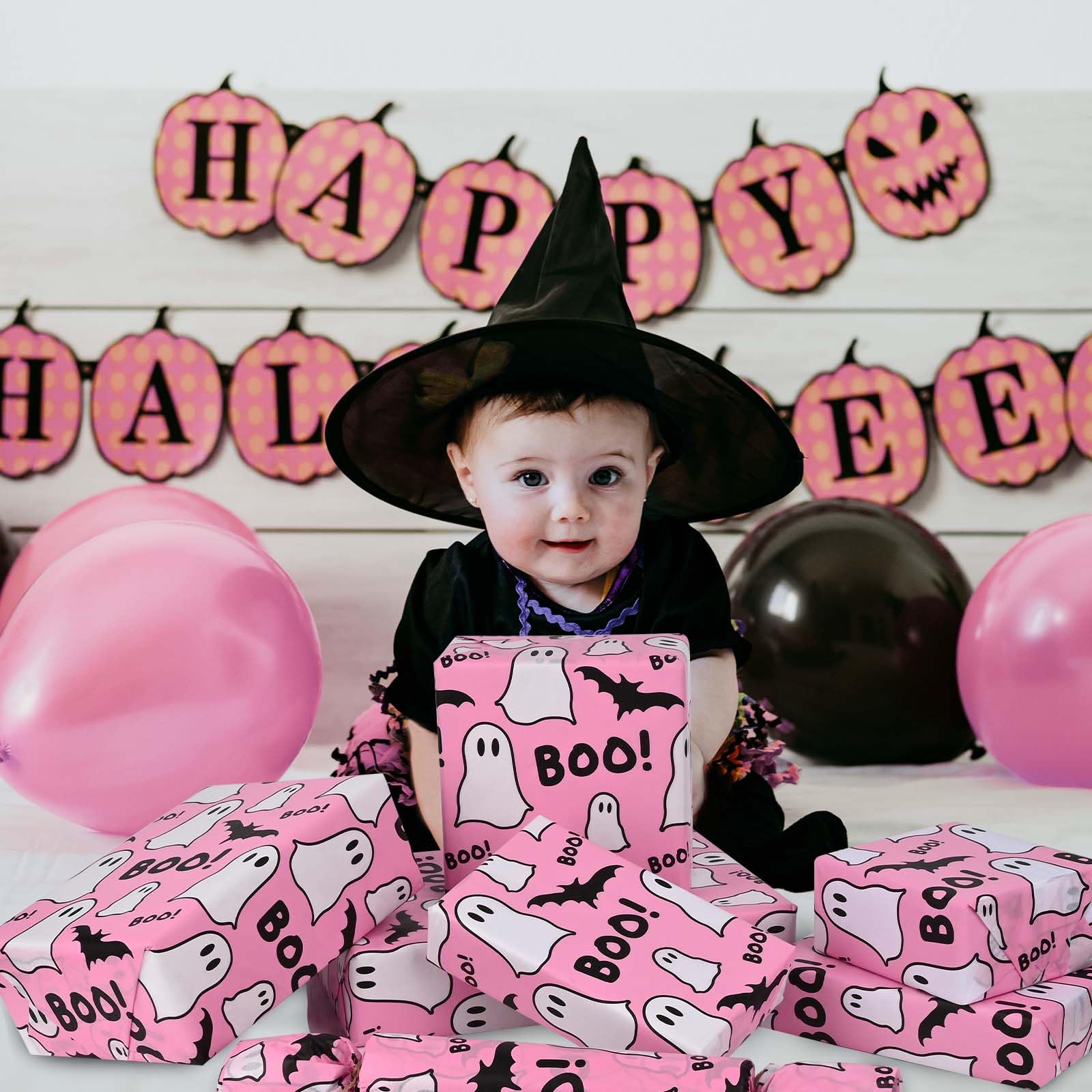 100 Sheets 20 * 14 Inches Pink Ghost and Boo Tissue Paper Halloween Bat Ghost Printed Tissue Paper for Birthday Party Baby Shower Halloween Party DIY Craft