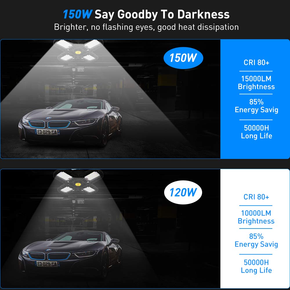 150W Garage Lights,LED Garage Lights-15000LM 6500K Deformable Garage Ceiling Light with 4 Adjustable Panels,LED Shop Light, Triple Glow Light for Garage, Warehouse,WorkshopâŚ