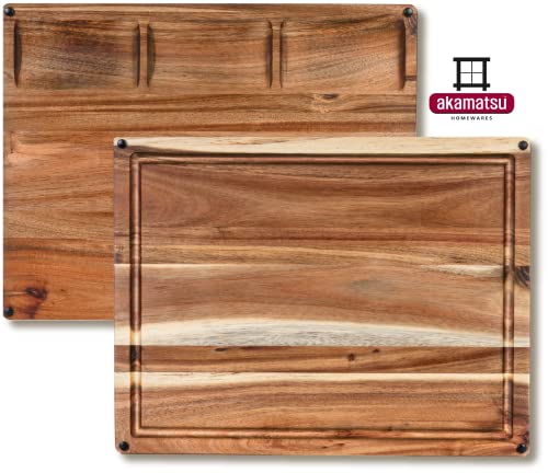 AKAMATSU HOMEWARES | RYOKAN Acacia Wood Cutting Board | Edge Grain XL Cutting Board with Deep Juice Well | 17x13.2x1" Charcuterie Board Serving Platter with Sorting Compartments | Sustainable Gift Box