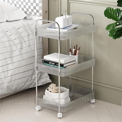 3-Tier Acrylic Rolling Utility Cart with Wheels Multi-Functional Storage Trolley Cart with Clear Trays Movable Storage Cart Organizer for Kitchen Bathroom Living Room Office