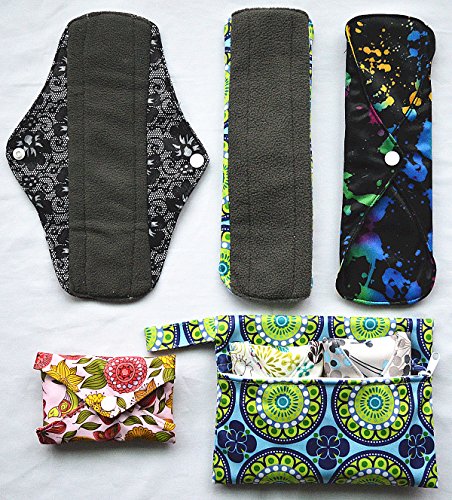 7pcs Set 1pc Mini Wet Bag +6pcs 10 Inch Regular Charcoal Bamboo Mama Cloth/Menstrual Pads/Reusable Sanitary Pads(Peacock)