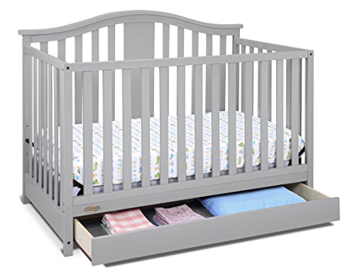 Graco Solano 4-in-1 Convertible Crib with Drawer (Pebble Gray) – GREENGUARD Gold Certified, Crib with Drawer Combo, Includes Full-Size Nursery Storage Drawer, Converts to Toddler Bed and Full-Size Bed