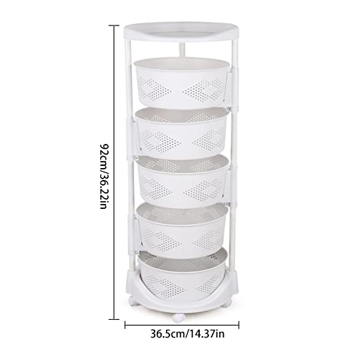 AKaSping 5 Layer Kitchen Storage Rack 360° Rotating Storage Shelf White Carbon Steel Household Floor-Standing Movable Storage Rack for Vegetable Fruit Snack