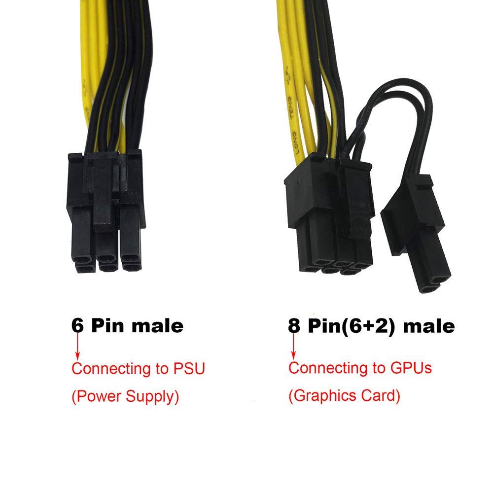 6 Pin Male to 8 Pin (6+2) Male PCIe Adapter Power Cable PCI Express Extension Cable (24 Inch)