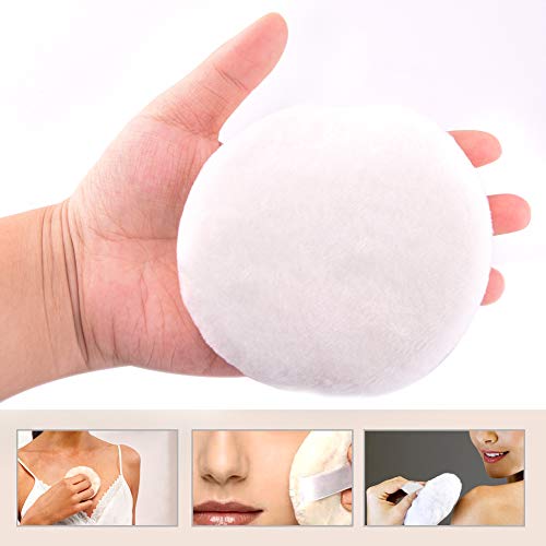WXJ13 4 Pack 4.12 Inch Large Loose Powder Puff with 2 Pack Gold Metal Powder Box, Smooth Soft Puff with Ribbon Band Handle for Body Loose Powder