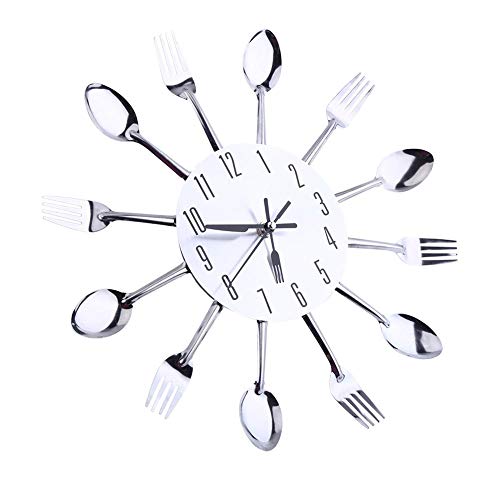 Kitchen Wall Decor, Stainless Steel Large 3D Mirror Modern Design Cutlery Kitchen Utensil Spoon Fork Wall Clock for Kitchen or Eating Area Decoration