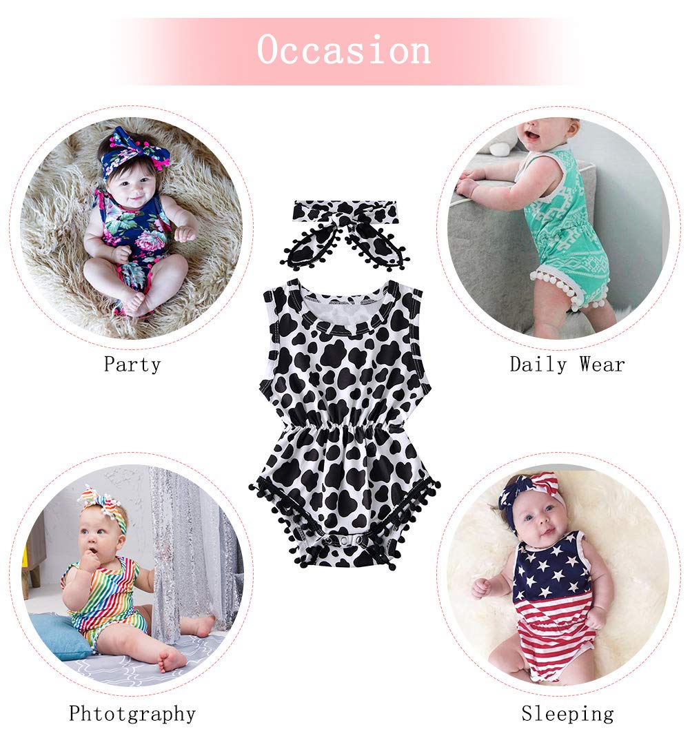 Leapparel Baby Girls Rompers Cute Cow Jumpsuits Infant Boys Outfit Clothes Black Pompom Bodysuits White Baby Playsuit with Bow-Knot Headband for 3-6 Months