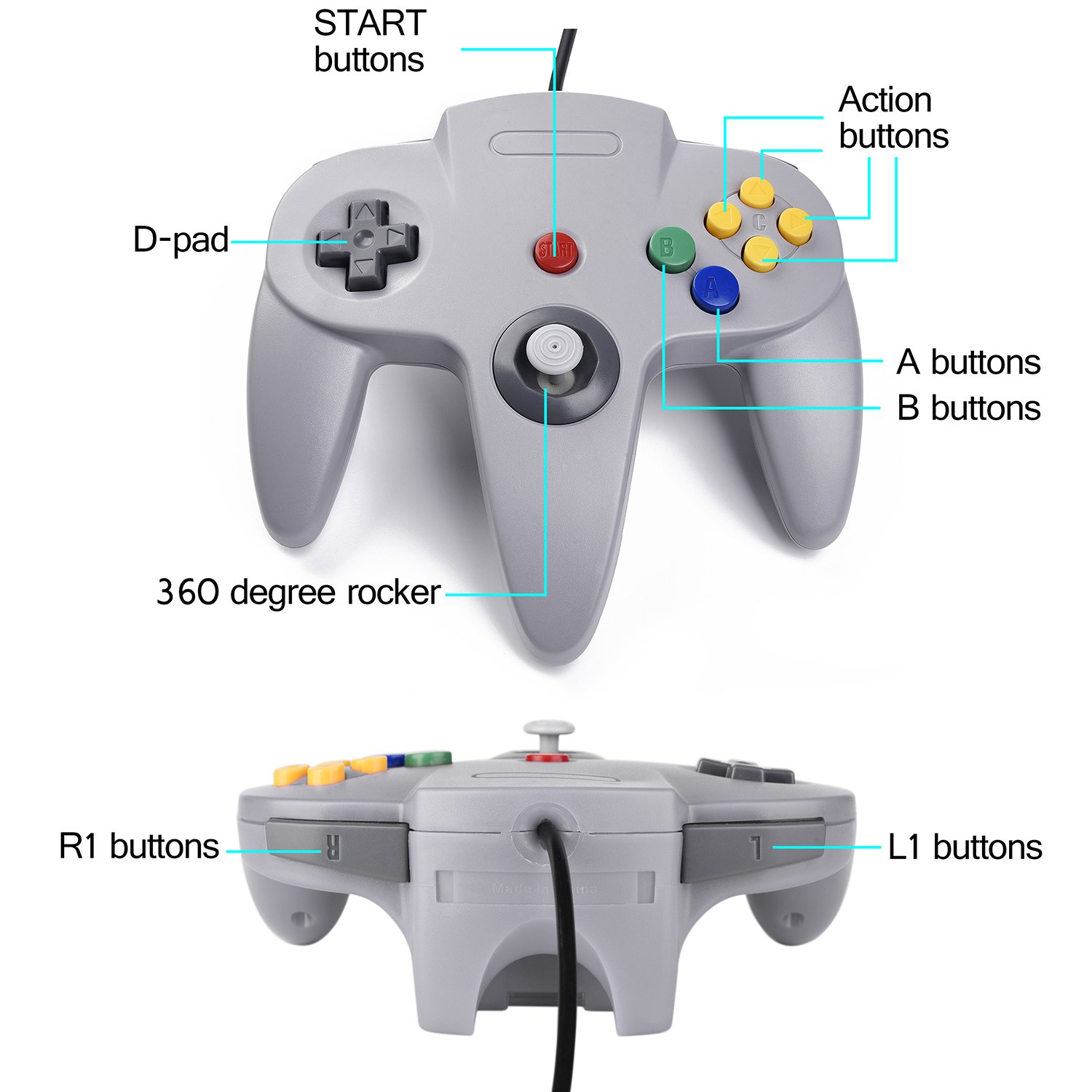 4 Pack Classic 64 Controller, suily Game pad Joystick for 64 - Plug & Play (Non PC USB Version) (Black/Gray/Red/Blue)