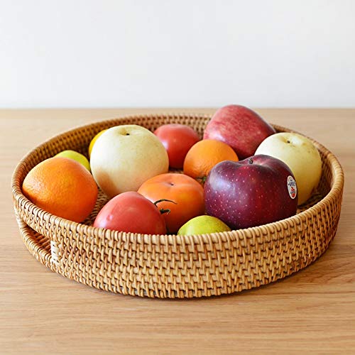 DECRAFTS Coffee Table Tray Round Rattan Ottoman Tray Woven Serving Trays with Handles for Home and Kitchen Decorative Natural (Large 14 inch x 2.8 inch)