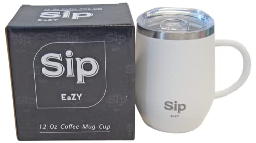 BLACK Double Walled 18/8 StainlessSteel Insulated Cup, Handle & Lid 12oz- Drinks Hot up to 6 hours Cold up to 24hour - Coffee, Tea, Beer, Water, Wine -Arrives Boxed for easy Gifting!