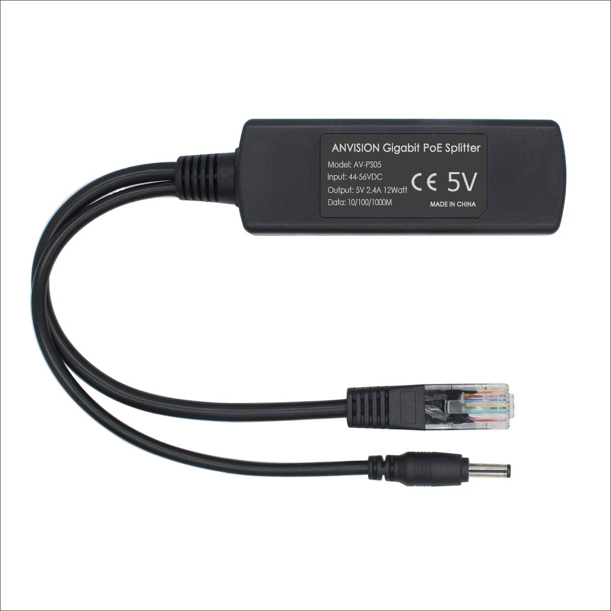 ANVISION 2-Pack 5V Gigabit PoE Splitter, 48V to 5V 2.4A Adapter, Plug 3.5mm x 1.35mm, 5.5mm x 2.1mm Connector, IEEE 802.3af Compliant, for IP Camera and More