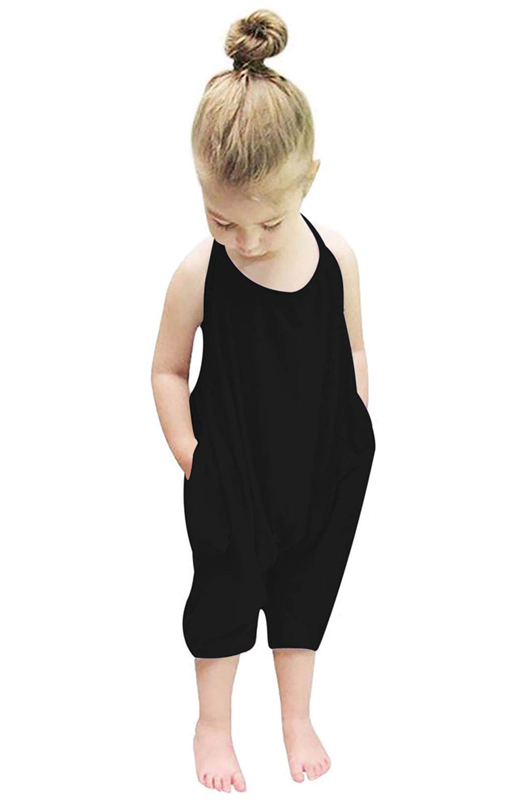 Lindanina Slouch Jumpsuit for Toddlers Harem Strap Romper Little Girls Backless Halter Playsuit with Pockets Cute Solid One Piece(Black, 2-3T)