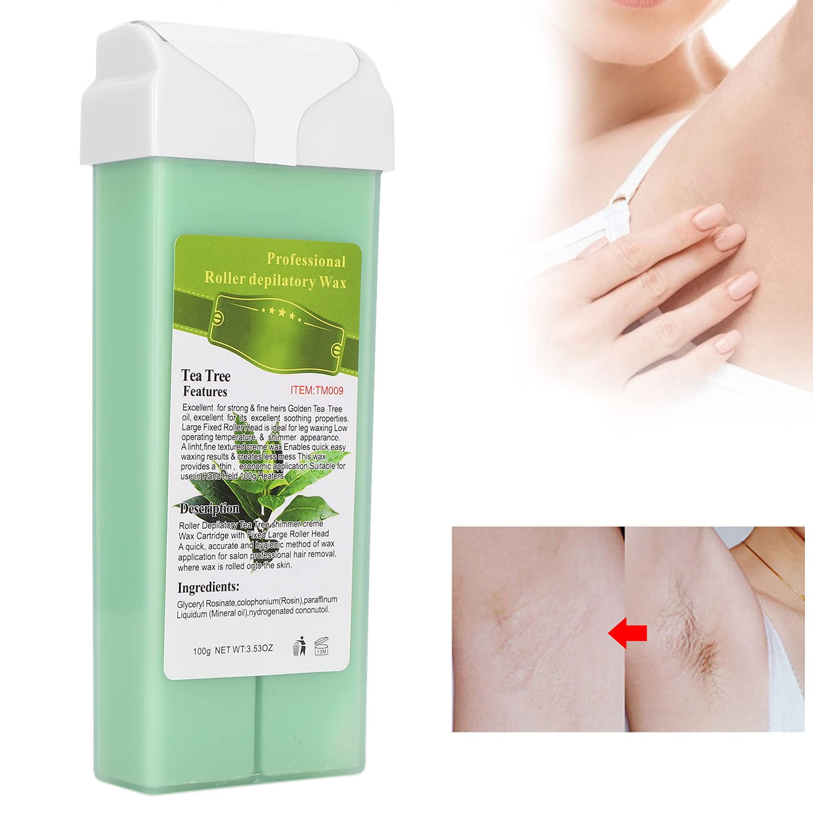 Roll-On Wax Cartridge for Hair Removal 100g Roller Depilatory Wax for Body Legs Arms Armpit Bikini Hair Removal Professional or Home Uses(Tea Tree)