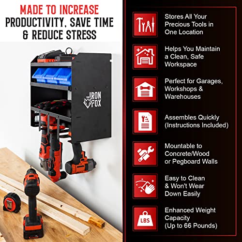 3-Tier Power Tool Organizer Wall Mount Design - Drill Holder Power Tool Storage Rack Holds Cordless Drills, Tools, Batteries, Chargers & More | Heavy Duty Drill Rack Made from Powder Coated Steel