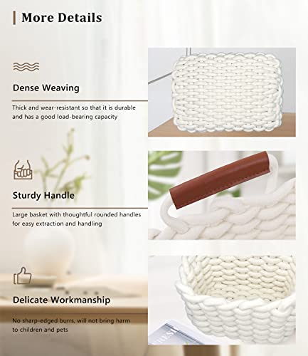 3-Piece Woven Baskets for Storage, Verkigle White Cotton Rope Basket with Handle, Decorative Cute Baskets for Room Desktop Organizing, Empty Gift Basket, Small Shelf Basket for Baby Nursery