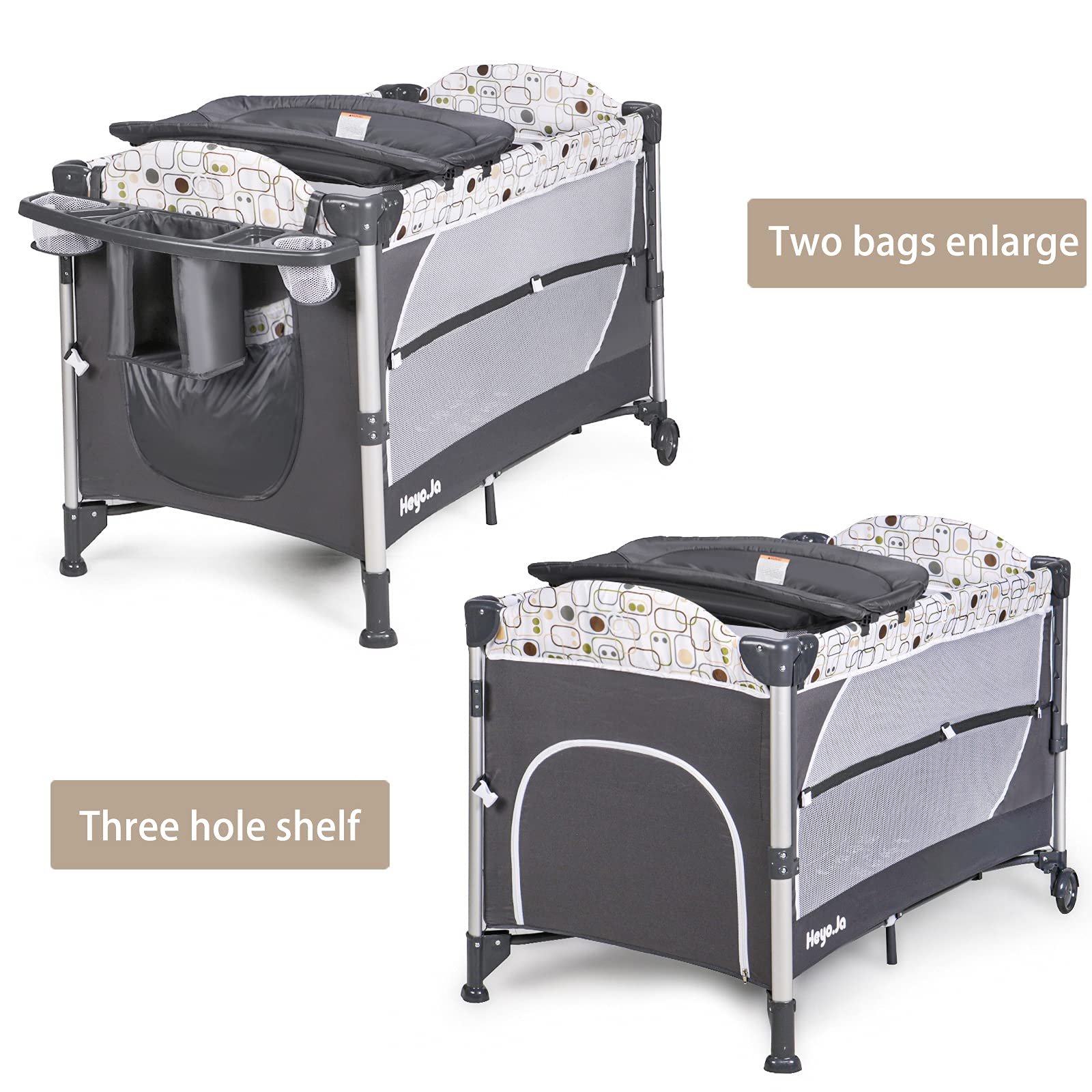Heyo.Ja Double Layer Baby Portable Playard, 5 Height Adjustable Crib,Changing Table, Foldable Bassinet Bed with Luxury Mosquito Net,Toys Bag,Wheels & Brake, Game Entrance for Boys Girls(Grey)