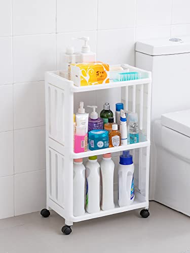 3-Tier Rolling Storage Shelf Plastic Dishwashing Detergent Organizer Serving Mobile Utility Easy Assembly Durable StableCart with Wheels, for Office, Bathroom, Kitchen, Bedroom (White)