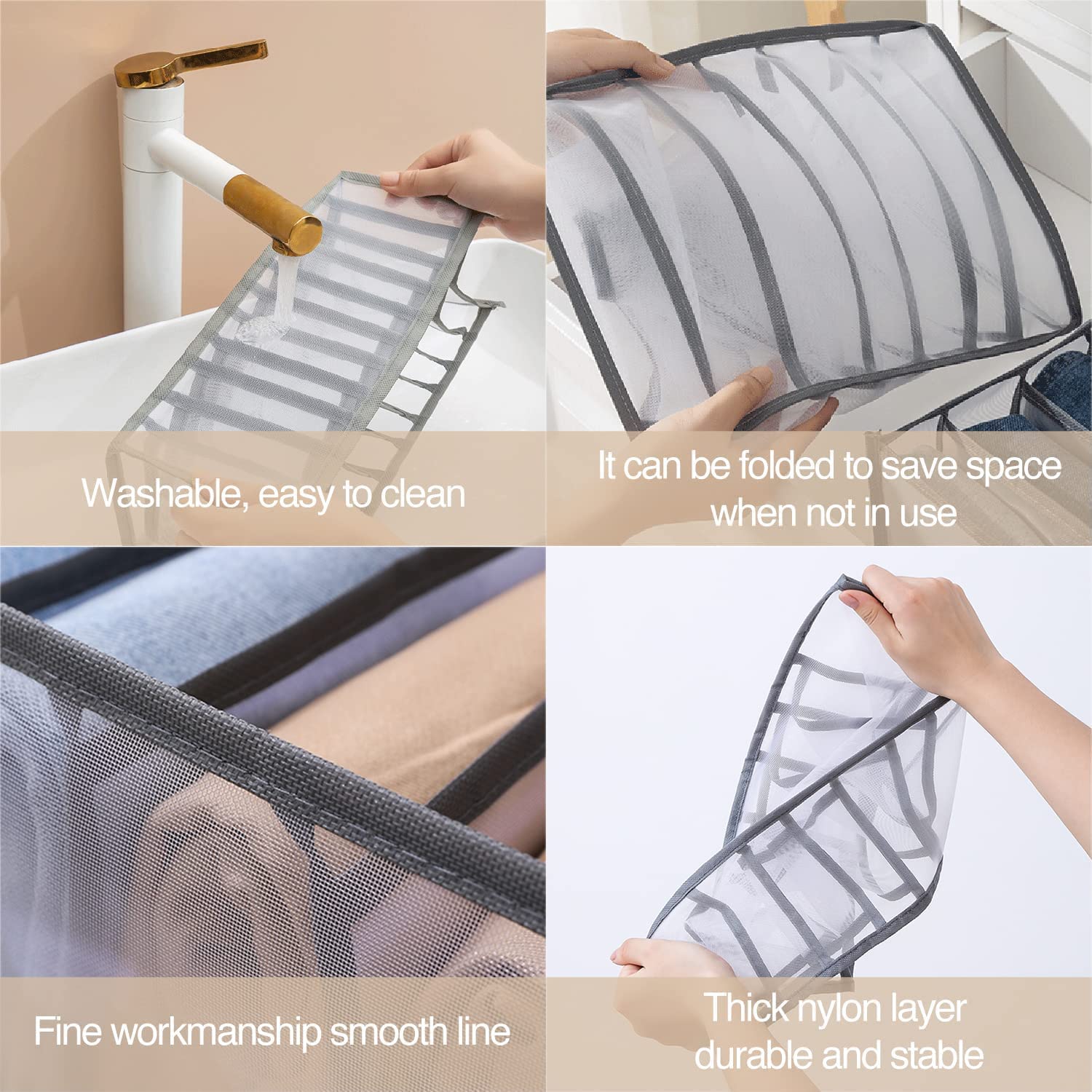 2 Pcs Wardrobe Clothes Organizer - 7 Grids Closet Organizers and Mesh Clothes Storage for Clothes, Washable Portable Foldable Drawer Organizers for Underwear, Leggings, Socks, Jeans, Skirts, T-Shirt