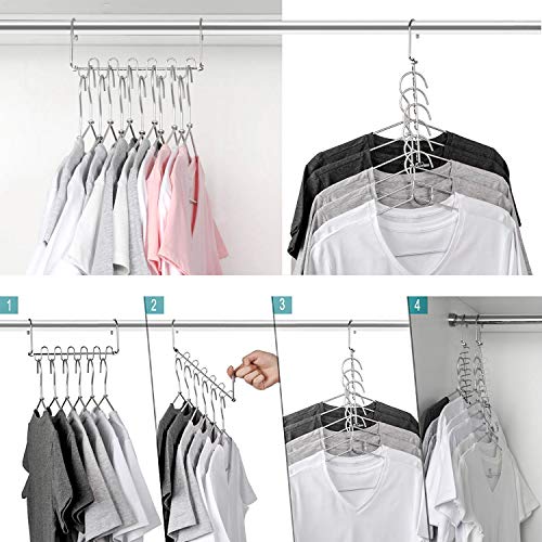 KLEVERISE 4 Pack Metal Space Saving Hangers - 12 Slots Stainless Steel Clothes Hangers Magic Cascading Hangers - Clothing Closet Space Saver Storage Organizers
