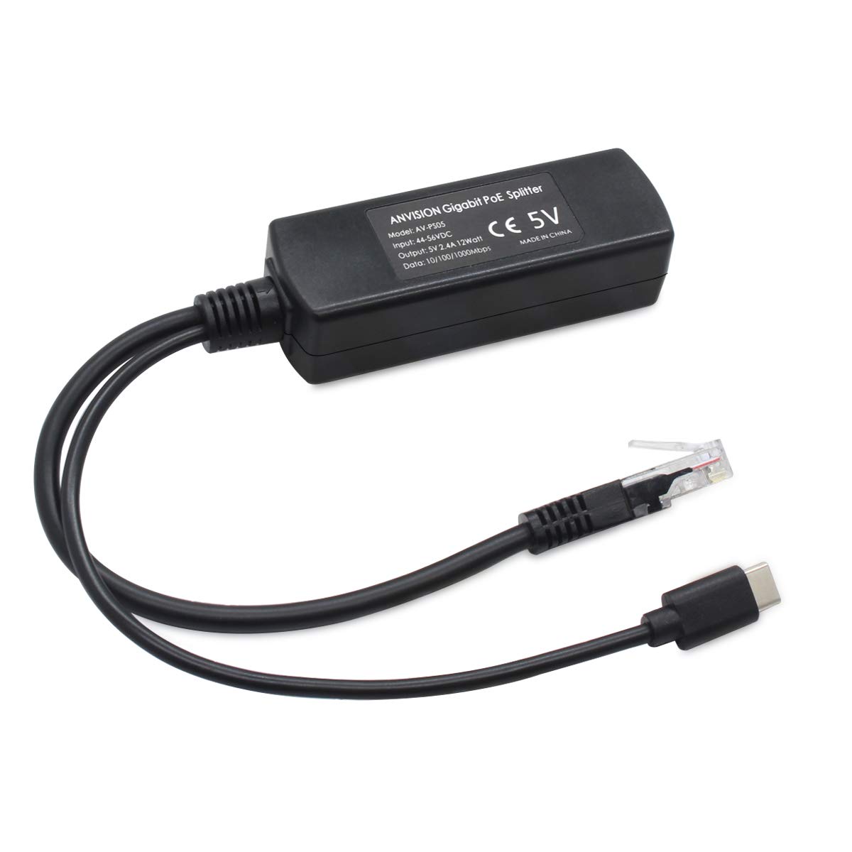 ANVISION 4-Pack 5V Gigabit PoE Splitter, USB Type C, 48V to 5V 2.4A Adaper, IEEE 802.3af Compliant