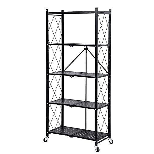 5-Tier Storage Shelves with Wheels, Heavy Duty Metal Shelf, Foldable Shelving Units, Storage Rack, Rolling Shelf No Assembly, Large Capacity Organizer Shelves for Garage Kitchen Warehouse Basement