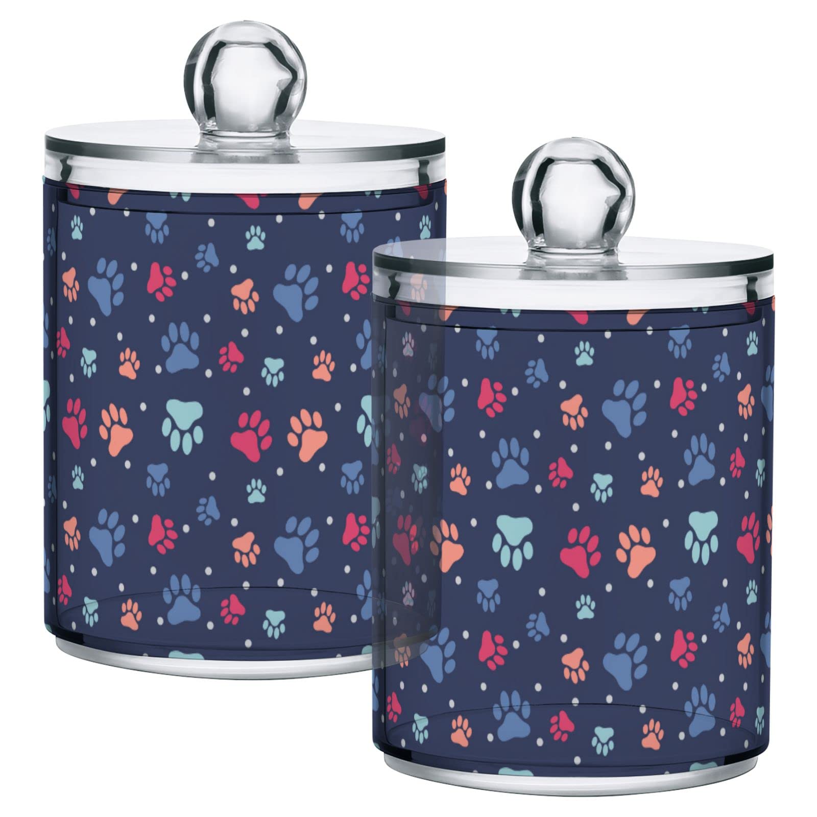 2 Pack Qtip Holder Dispenser Paw Navy Blue Apothecary Jars with Lids Dog Plastic Acrylic Bathroom Vanity Countertop Canister Storage Organizer for Cotton Ball,Swabs,Pads,Floss
