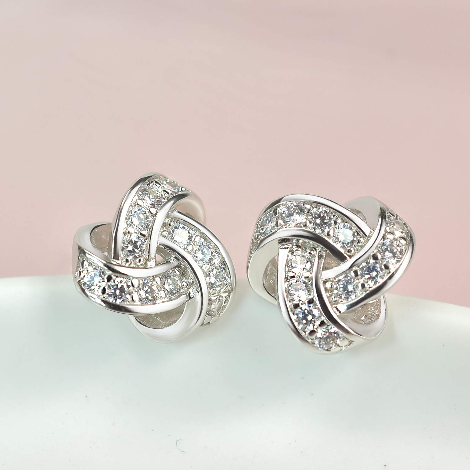14K Gold Plated Stud Earrings | 925 Sterling Silver Post CZ Hypoallergenic Earrings Love Knot Cubic Zirconia Earrings for Women (White)