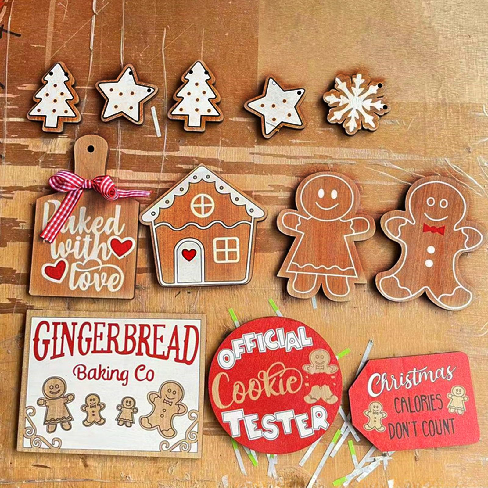 12PC Christmas Tiered-Tray-Decor, Wooden Signs Tabletop Gingerbread-Christmas-Decor for Christmas Party Home Kitchen