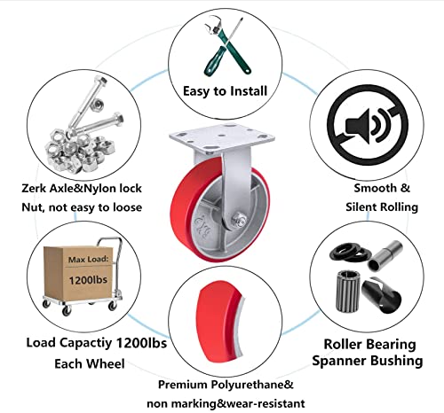 6"X 2" Heavy Duty Casters - Industrial Casters Polyurethane Caster with Strong Load-bearing Capacity 1200 LB, Rigid Caster, Widely Used in Furniture,WorkBrench,Tool Box(1 Rigid)