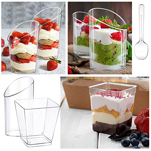 300 Pack Mini Dessert Cups with Spoons Clear Plastic Parfait Appetizer Cup Slanted Round Cup for Desserts Heart Square Clear Parfait Cups for Tasting Party Shooters Desserts (Round, Square, 3oz, 5oz)