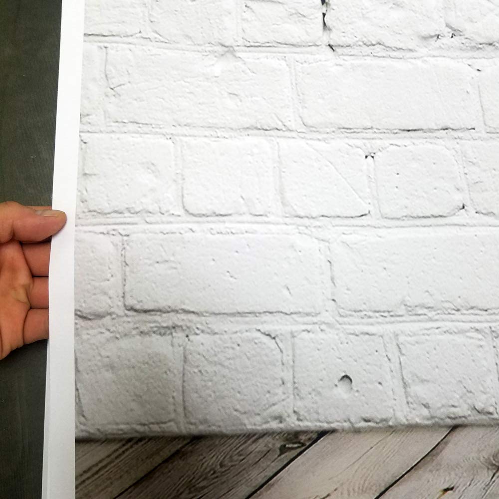 6'x10' White Brick Wall with Gray Wooden Floor Photography Backdrop Vinyl Background for Pictures D-2504