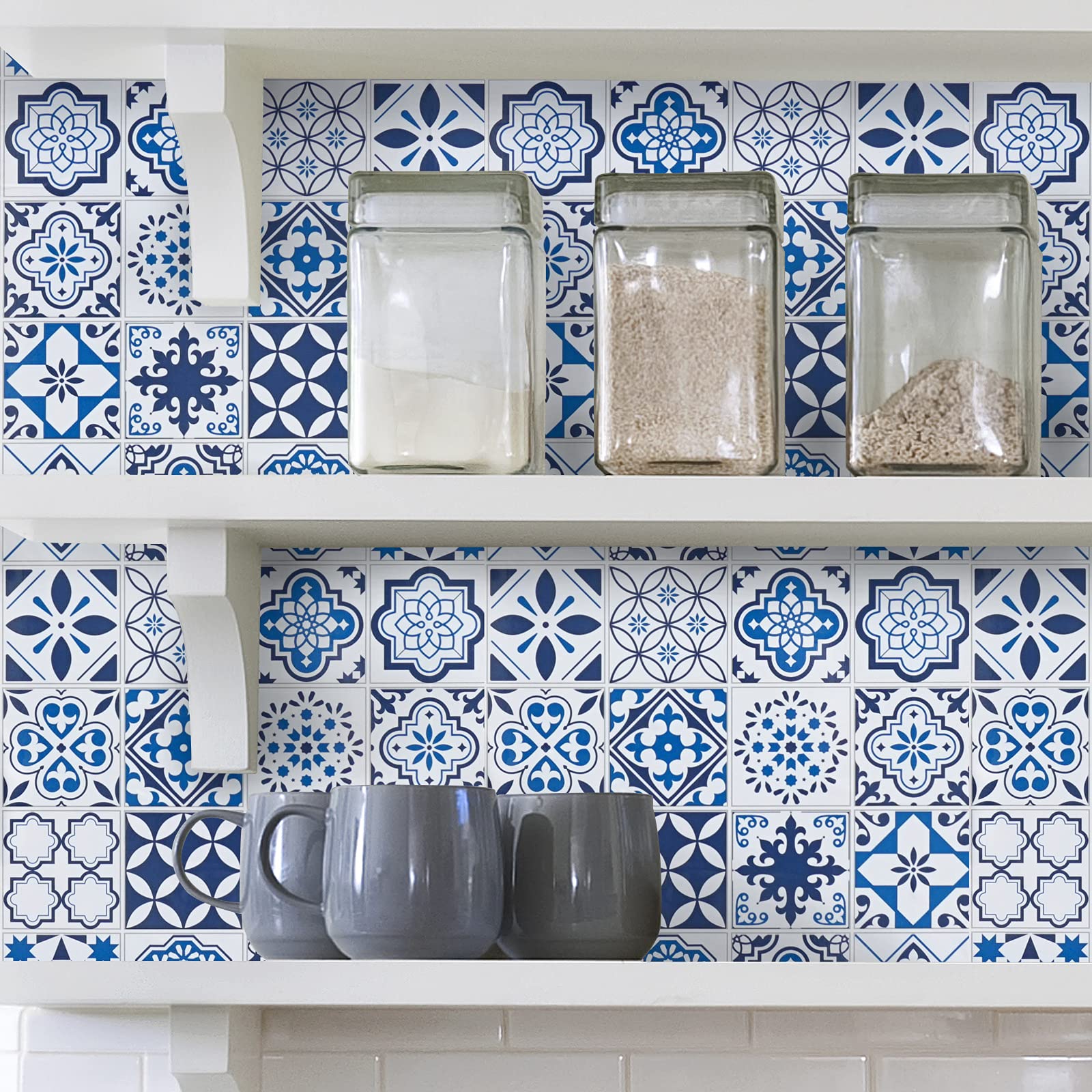 197"x 17.7"Blue Pattern Contact Paper Glossy Surface Waterproof Contact Paper Decorative Self Adhesive for Kitchen Bathroom Counters Removable Counter Paper Peel and Stick Wallpaper Easy to Clean