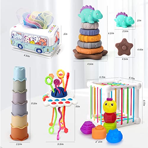 5 in 1 Baby Montessori Toys Set Include Shape Sorter Bin with Sound, Baby Tissue Box, Stacking Cups, Pull String Toy, Soft Stacking Rings, Sensory Toys for Infants Toddlers