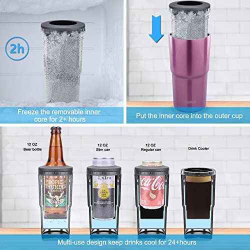 5 In 1 Freezable Can Cooler, Insulated Stainless Steel 24 oz Tumbler with Freezable Drink Can Cooler for all 12 oz Slim Can,Regular Can,Beer Bottle & All Drinks(Pink)