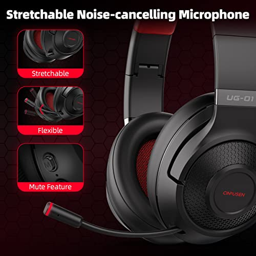 2.4Ghz Wireless Gaming Headset for PC, PS5, PS4, MacBook, with Microphone, Over-Ear Bluetooth Headphones for Cell Phone, Soft Earmuff - 40 Hours Playtime, Only Wired Mode for Xbox Series, Red