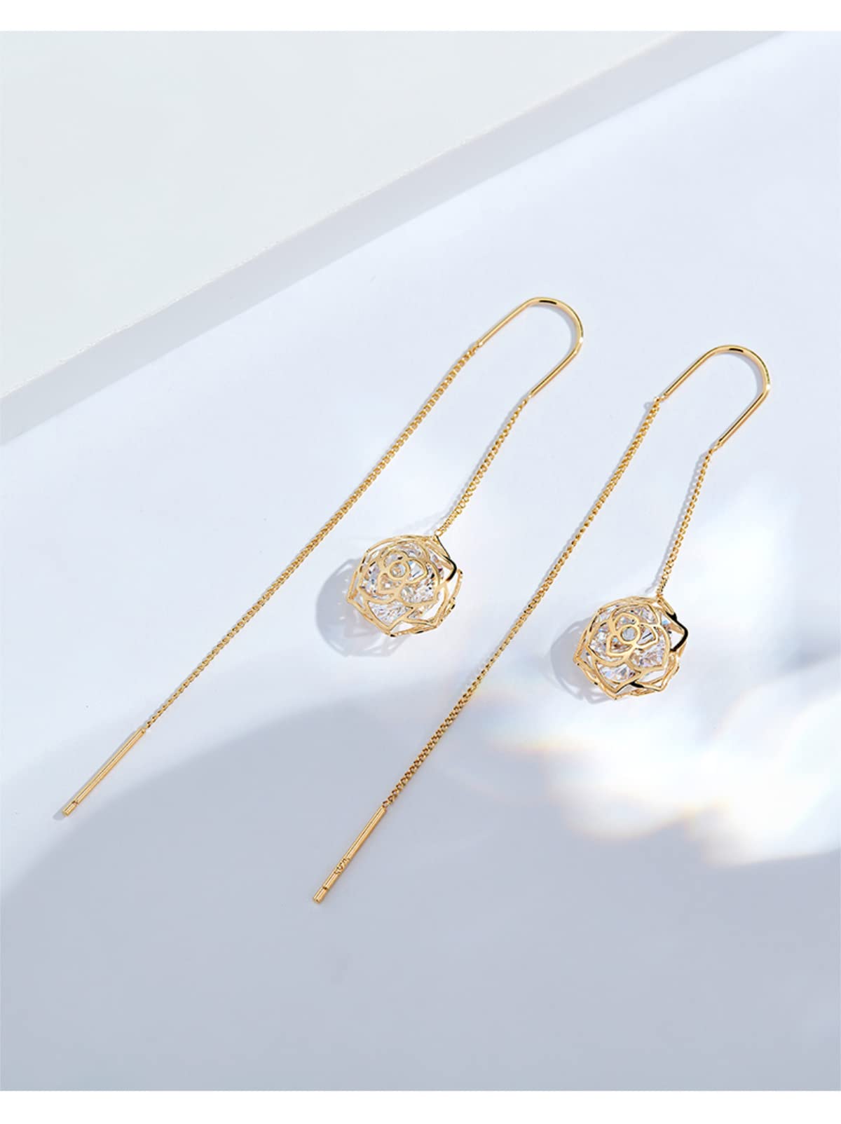 14K Gold Rose Flower Dangle Earring For Women Tassel Threading Long Chain Earrings For Women Drop Earrings For Bridesmaid