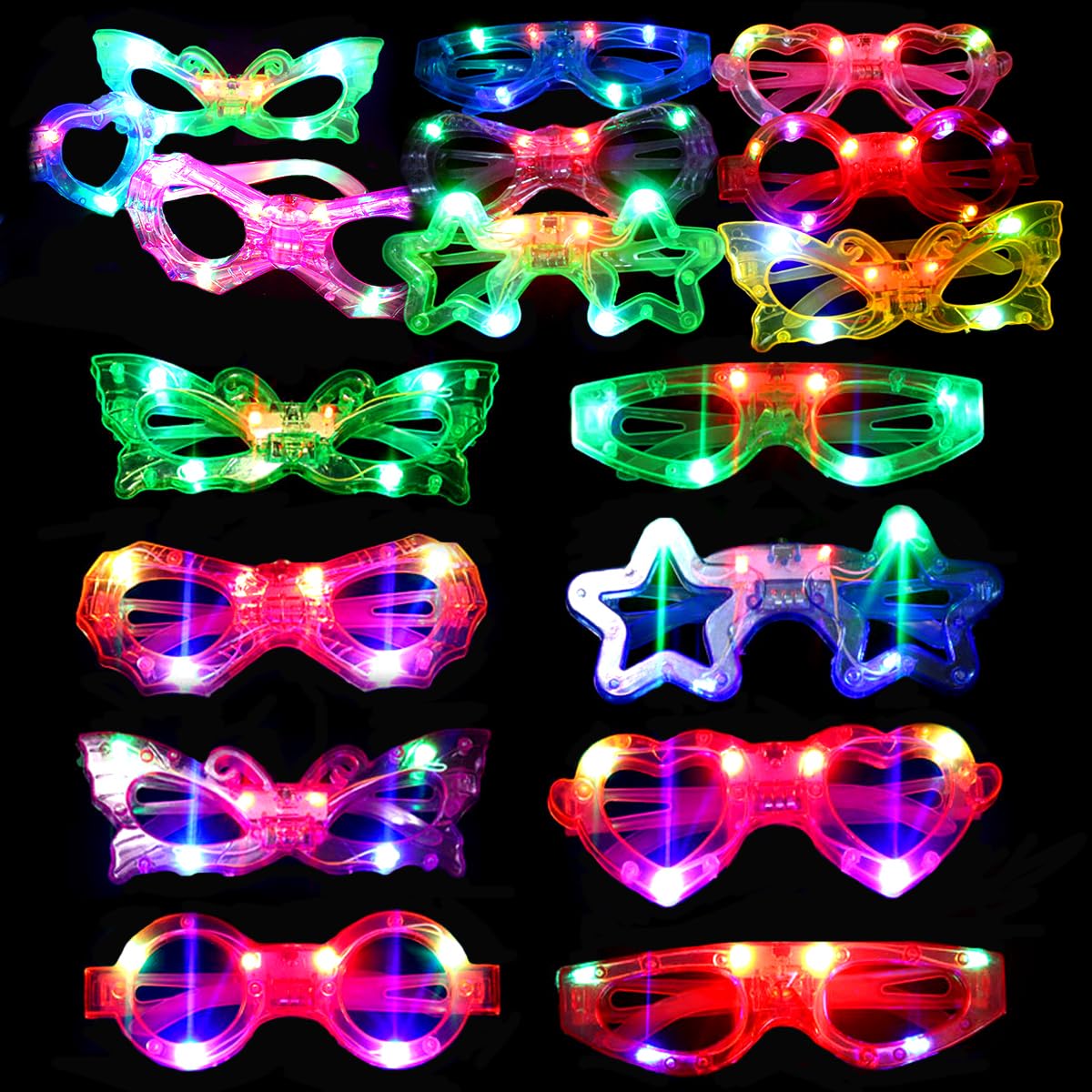 24 Packs LED Glasses for kids Glow in the dark Party Supplies Favor,6 LED 6 Shapes Glasses Flashing Plastic Light up Glass Toys Bulk 3 Replaceable Battery fit New Year Eve Party Supplies 2025 Holiday